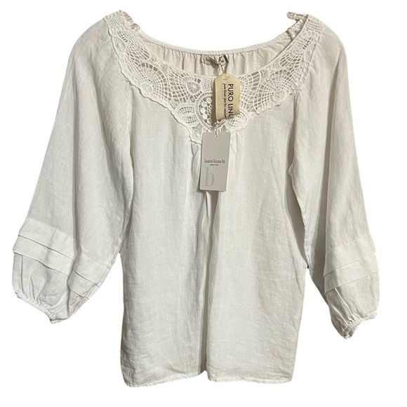 Lauren Bianchi | Tops | Laurabianchi White Linen Crochet Peasant Blouse ...